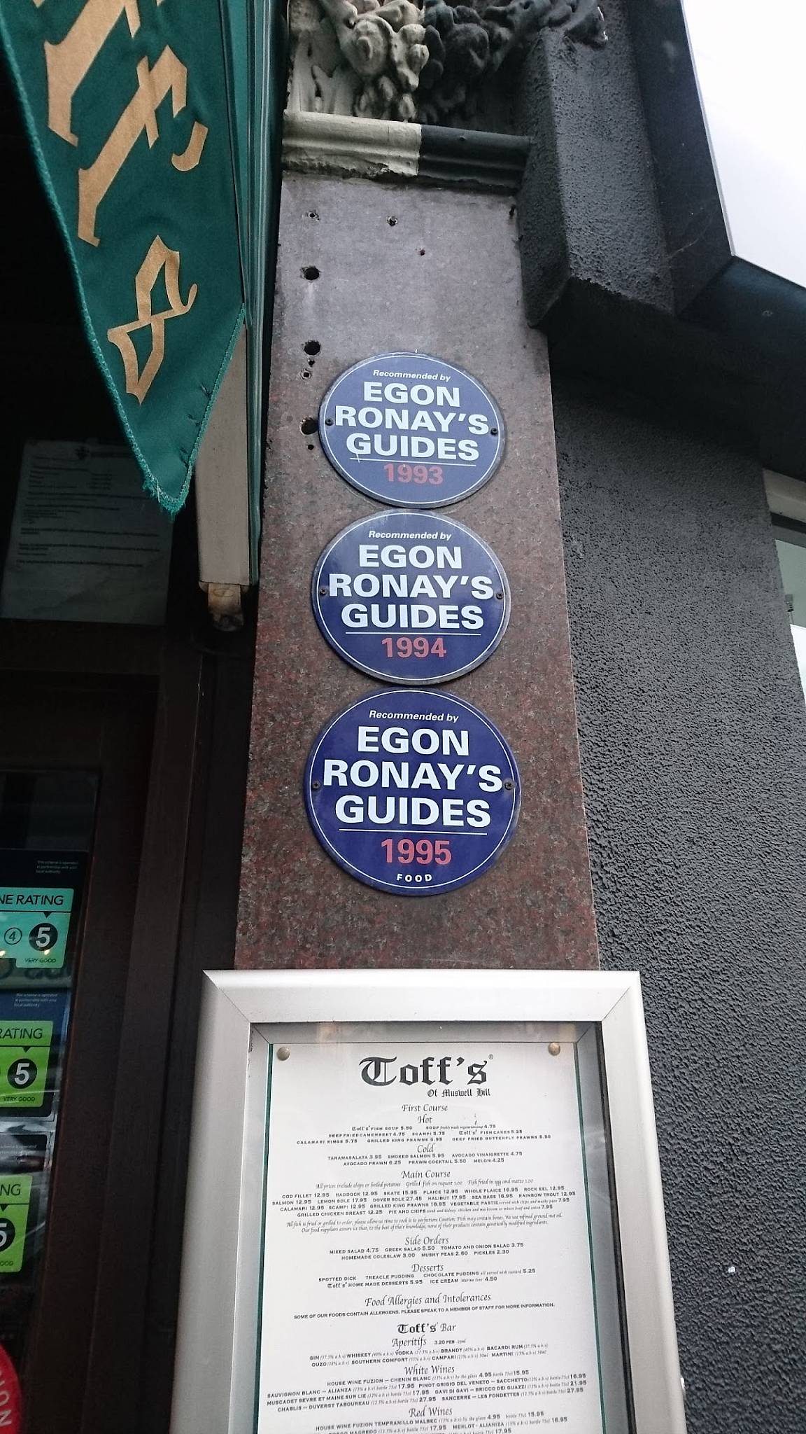Menu at Toff’s of Muswell Hill restaurant, London