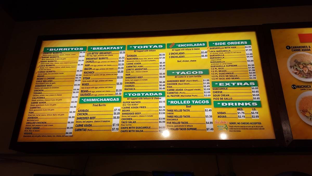 Menu at Los Betos restaurant, Boise, W State St