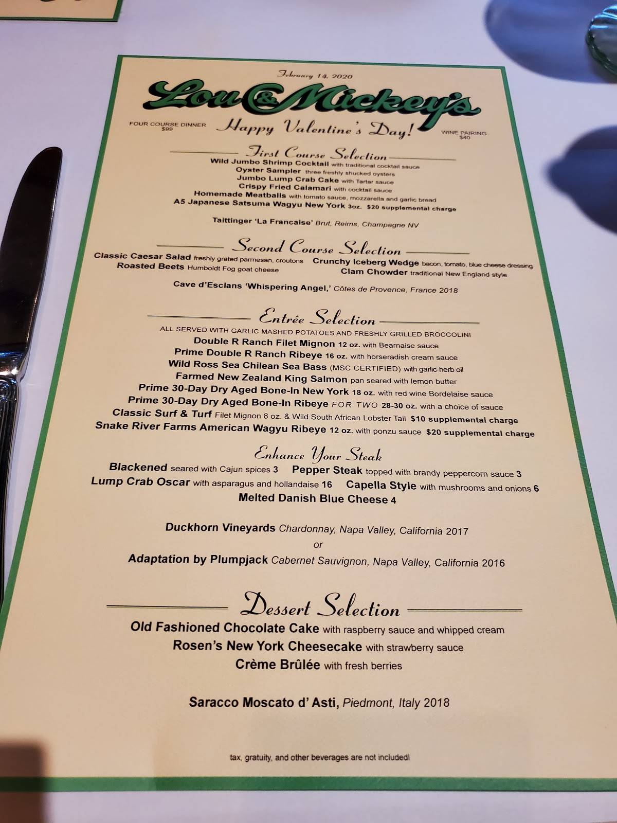 Menu at Lou & Mickey's steakhouse, San Diego
