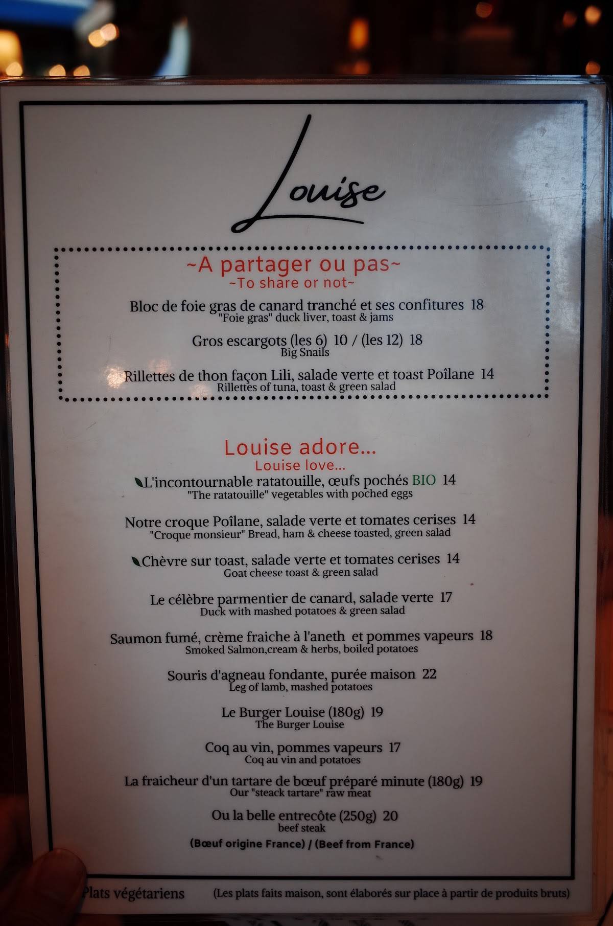 Menu at Louise Café, Paris, 8 Rue Croix des Petits Champs