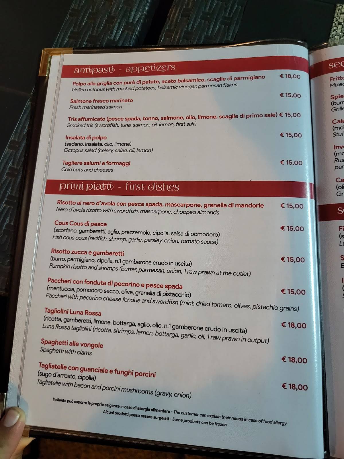 Menu at Luna Rossa pizzeria, Marsala