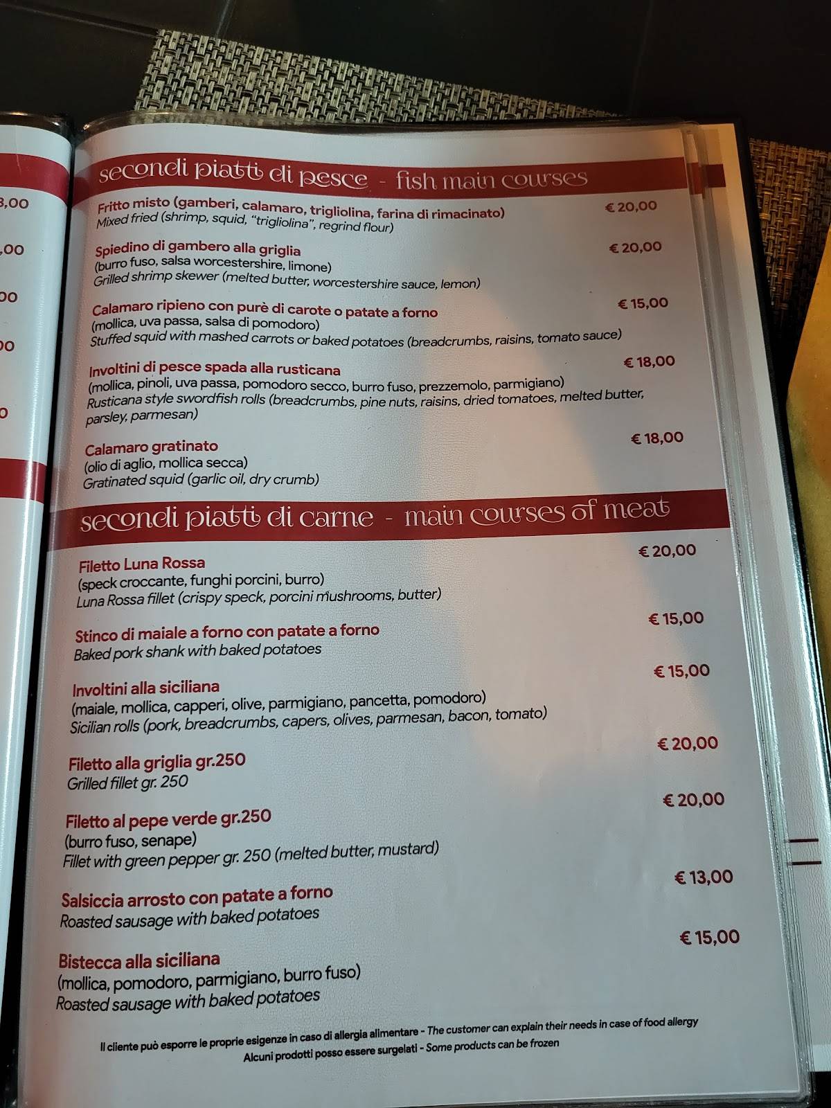 Menu at Luna Rossa pizzeria, Marsala