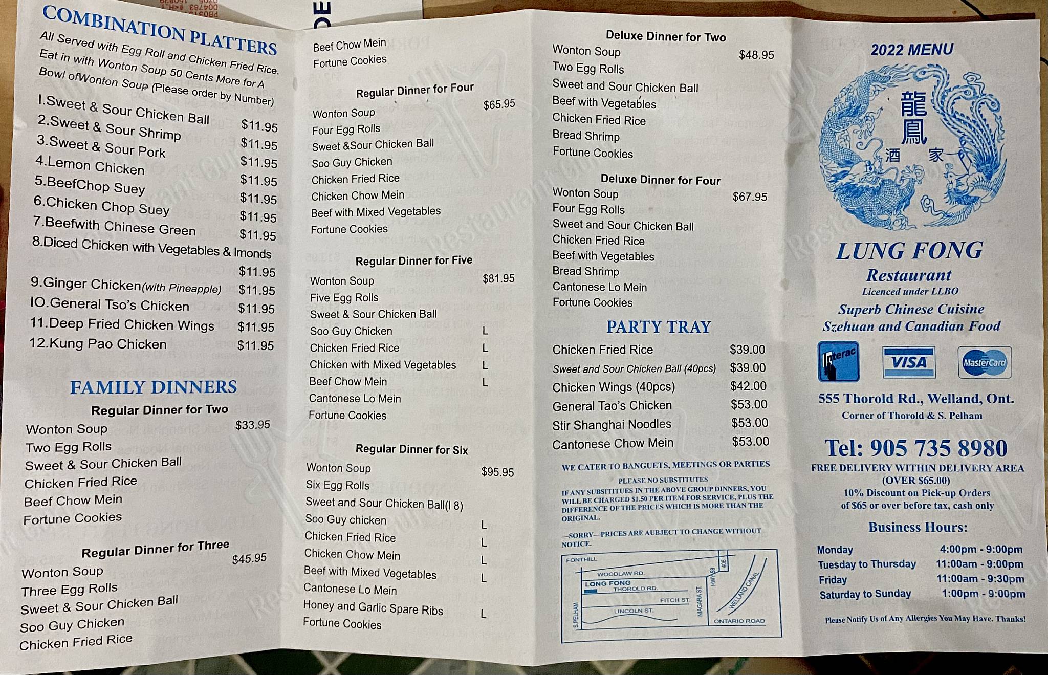 Menu at Lung Fong Restaurant, Welland