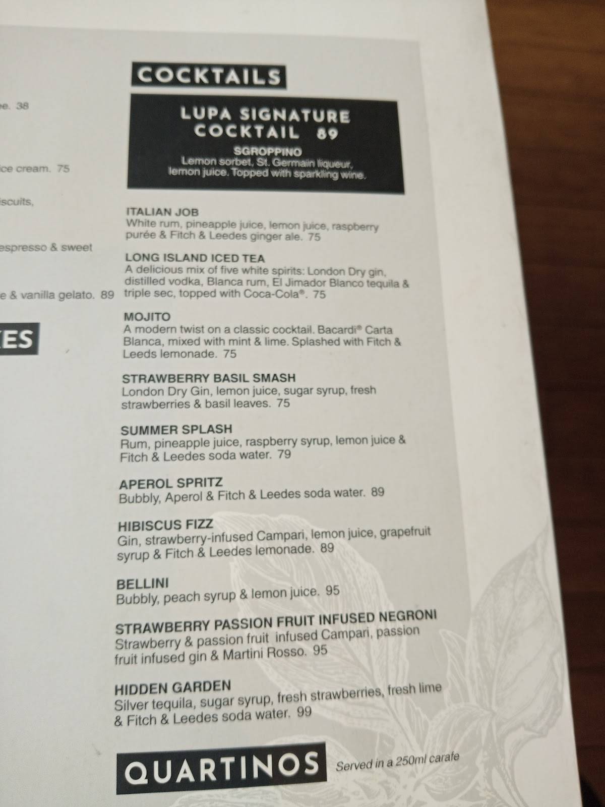 Menu at Lupa Osteria Lynnwood Bridge restaurant, Pretoria