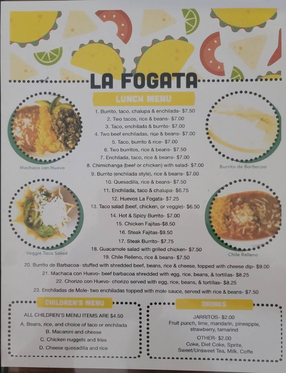 Menu at La Fogata restaurant, Lynchburg