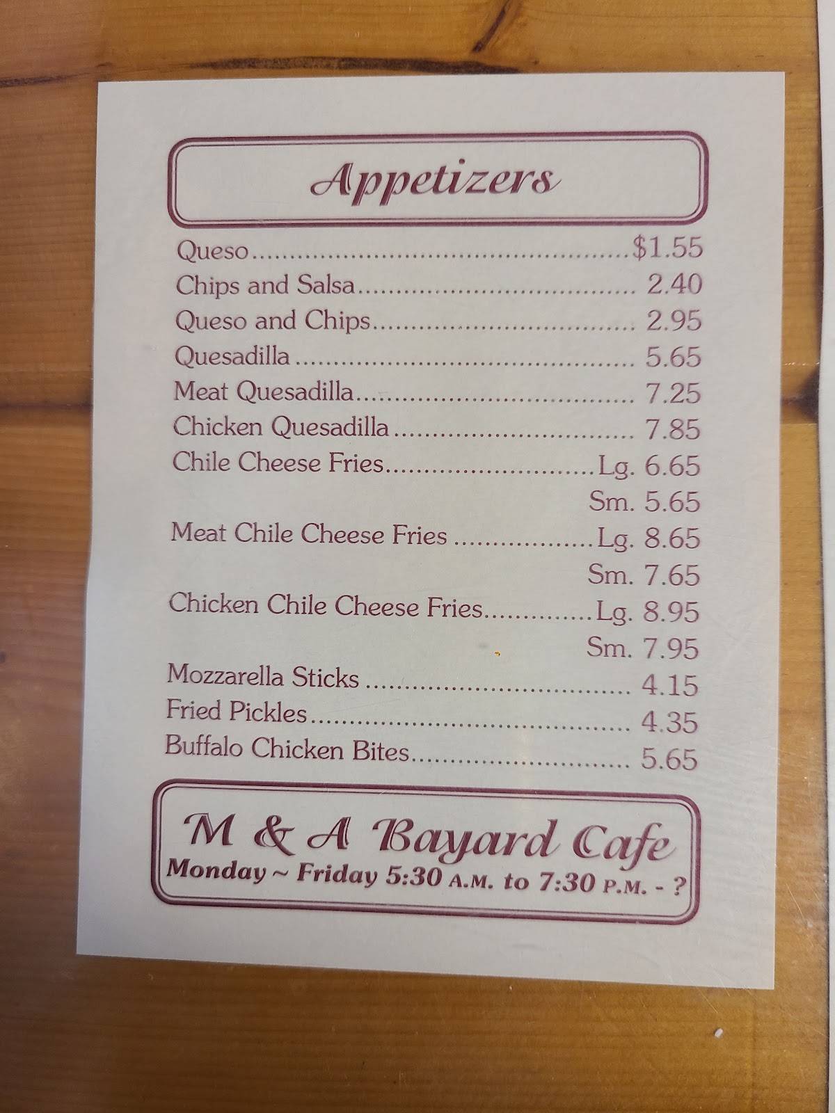 Menu at M & A Bayard Cafe, Bayard