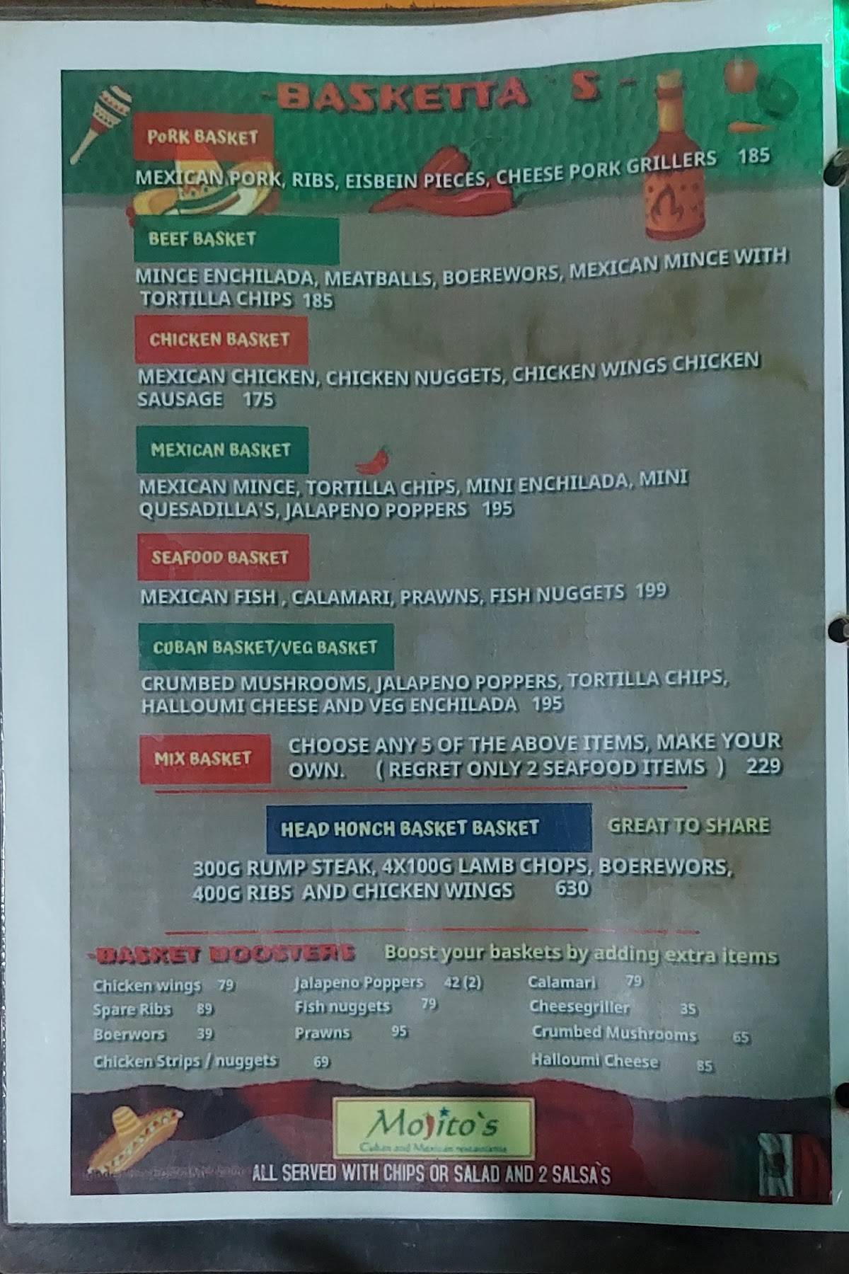 Menu at MOJITOS restaurant, Richards Bay