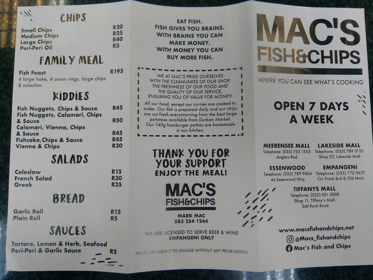 Menu at Mac's Fish & Chips Meerensee restaurant, Richards Bay