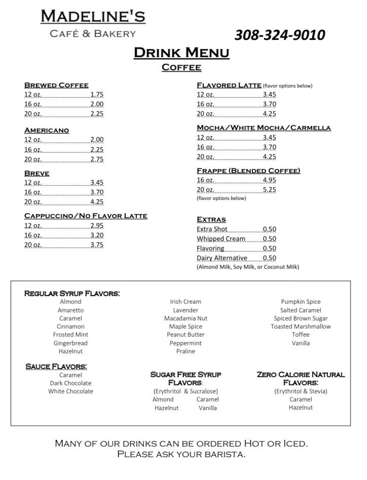Menu at Madeline's Café & Bakery, Lexington