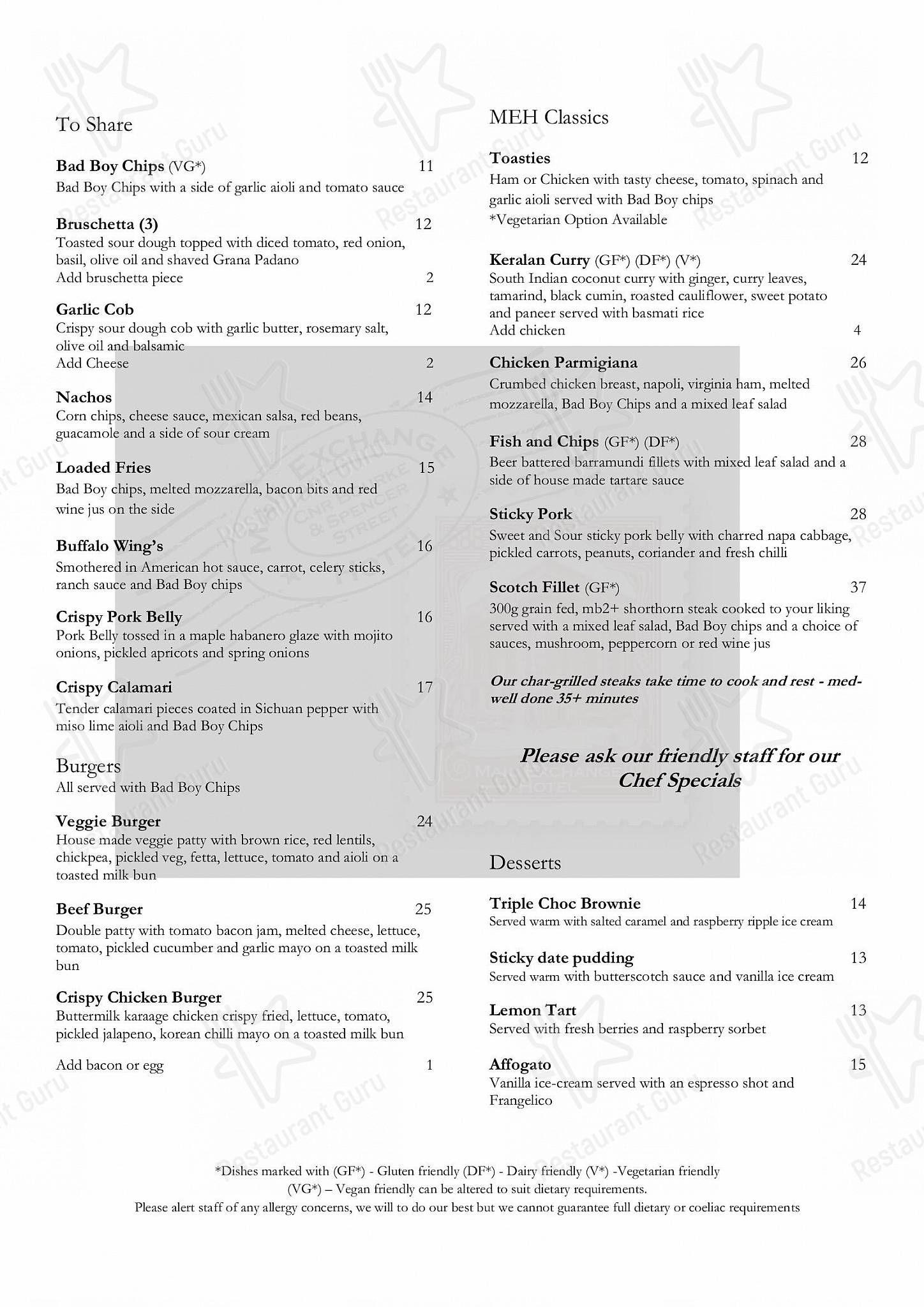 Menu at Mail Exchange Hotel pub & bar, Melbourne