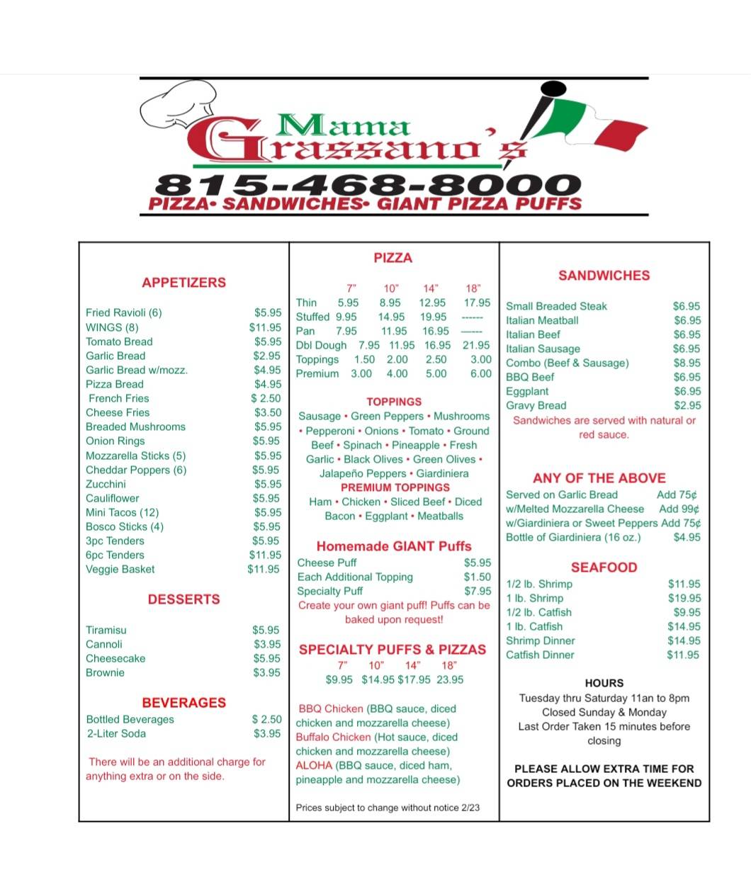 Menu at Mama Grassano's pizzeria, Manteno