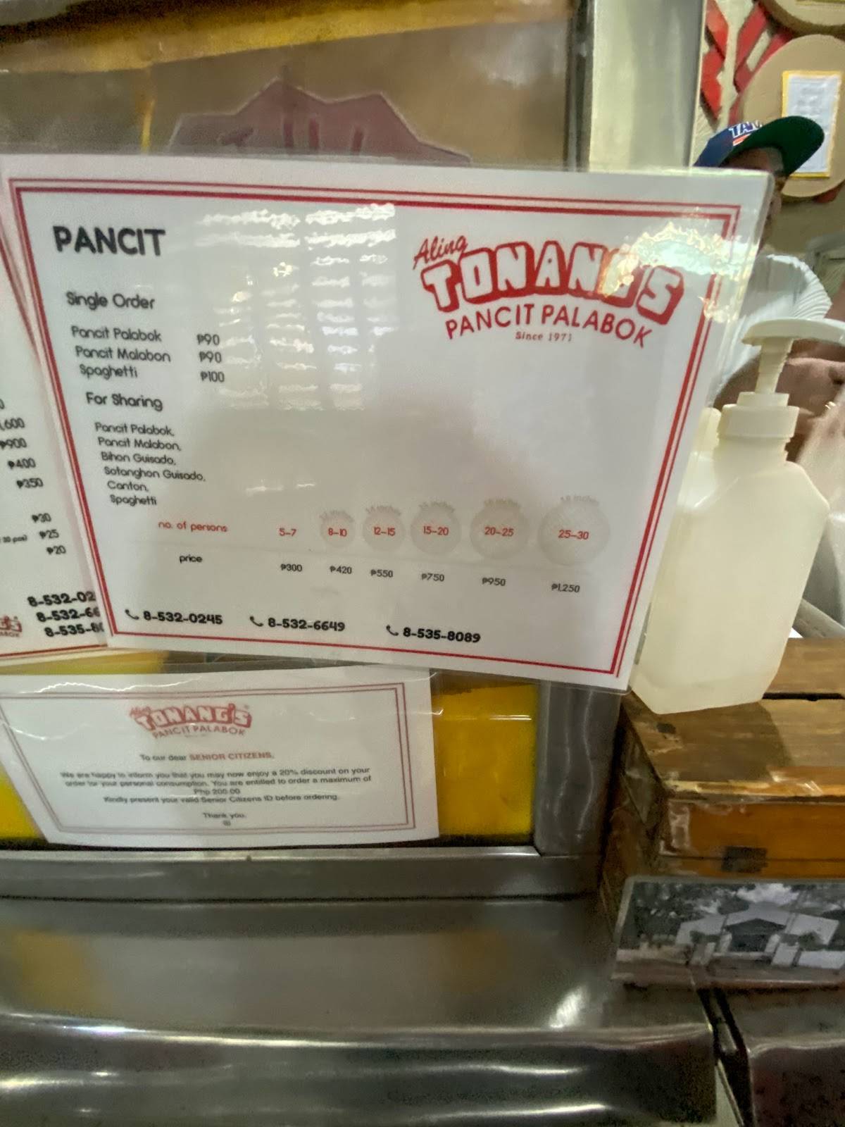 Menu at Aling Tonang's Palabok restaurant, Mandaluyong