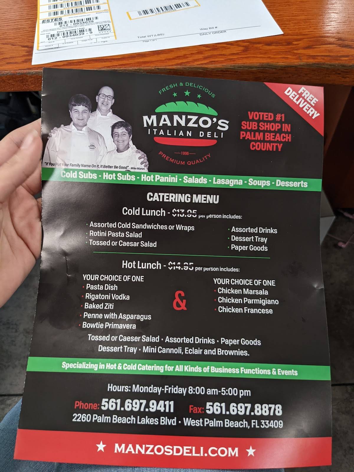Menu at Manzo's Italian Deli restaurant, West Palm Beach