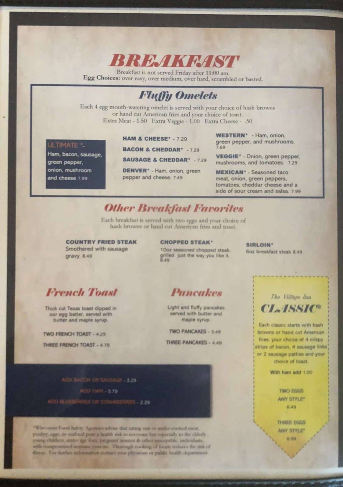 Menu at Village Inn restaurant, Marathon City, 304 Main St