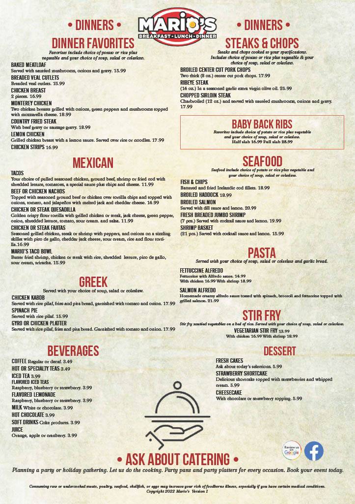 Menu at Mario's Of Estero pub & bar, Estero