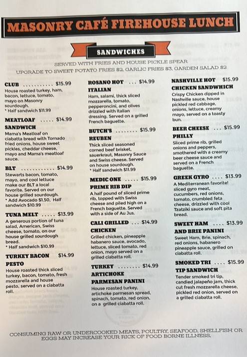 Menu at Masonry Cafe Catering, Yelm