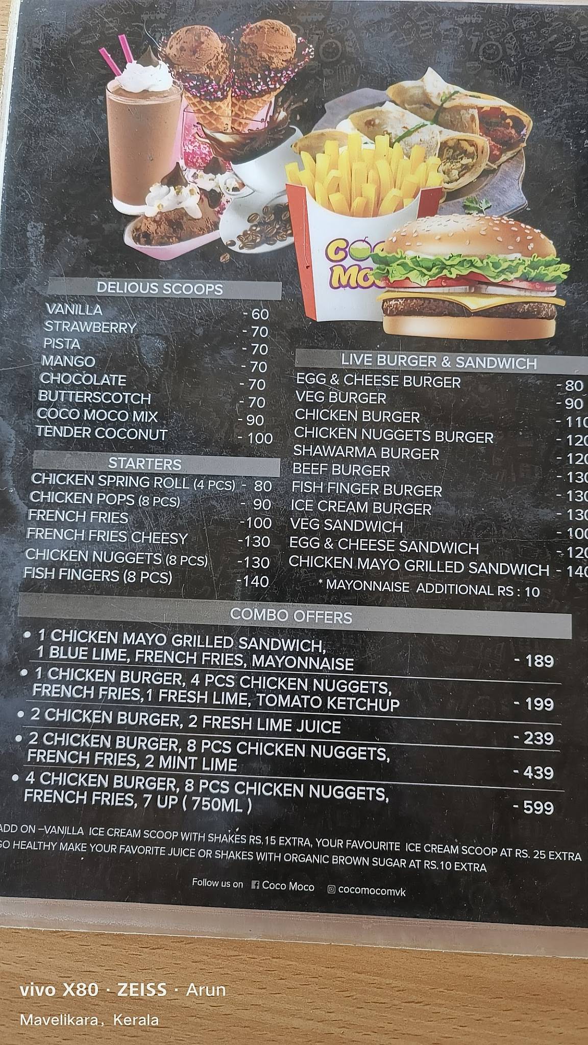 Menu at CoCo MoCo, Mavelikara