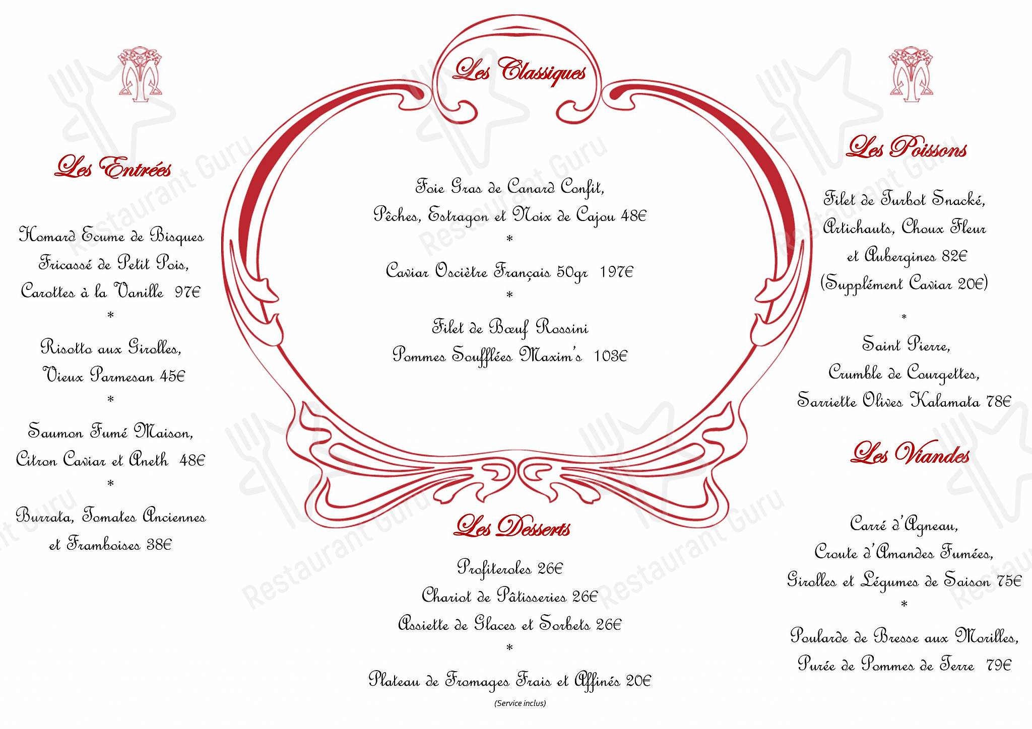 Menu at Maxim's de Paris restaurant, Paris, 3 Royale Street
