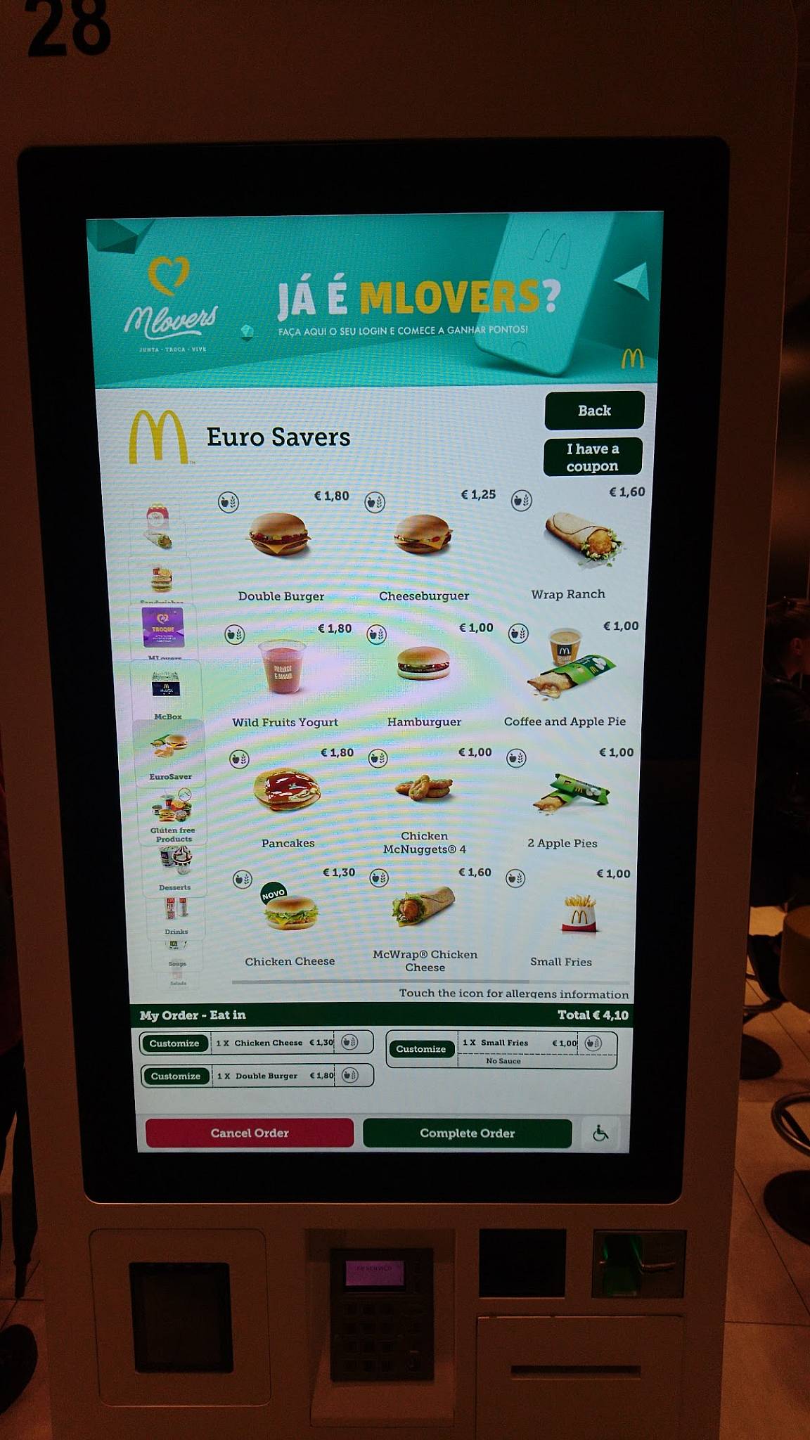 Menu at McDonald's Rossio fast food, Lisbon, Praça Dom Pedro IV 81 83