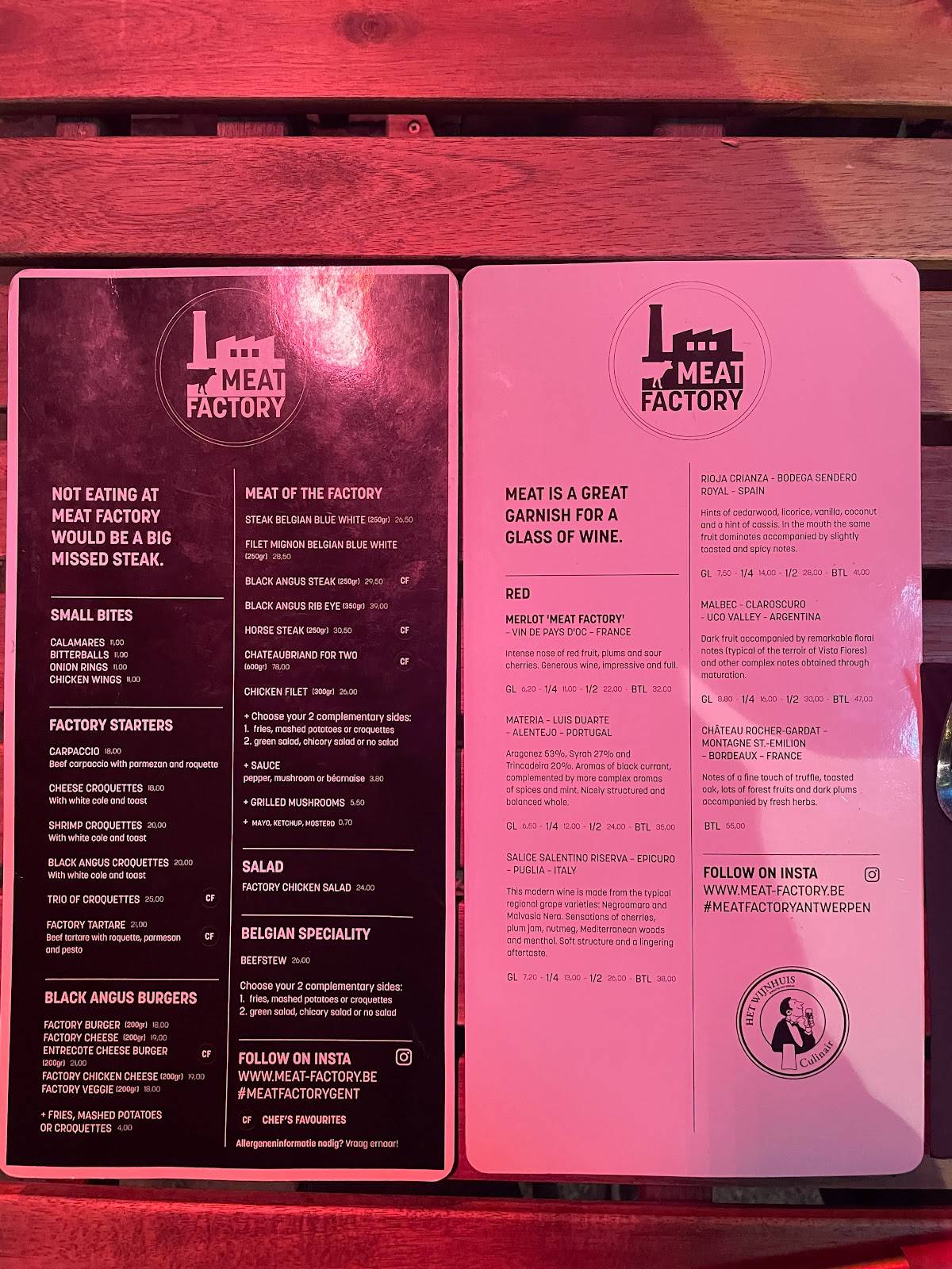 Menu at Meat Factory Gent, Ghent