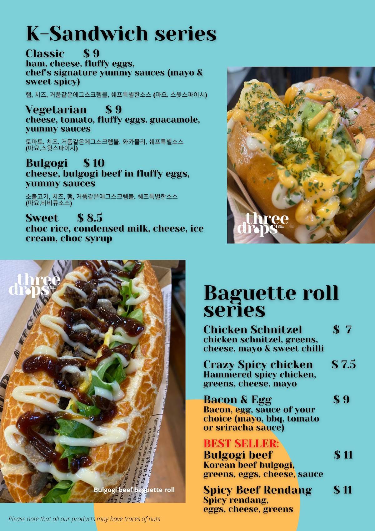 Menu at Three Drops Coffee & Sandwich restaurant, Melbourne