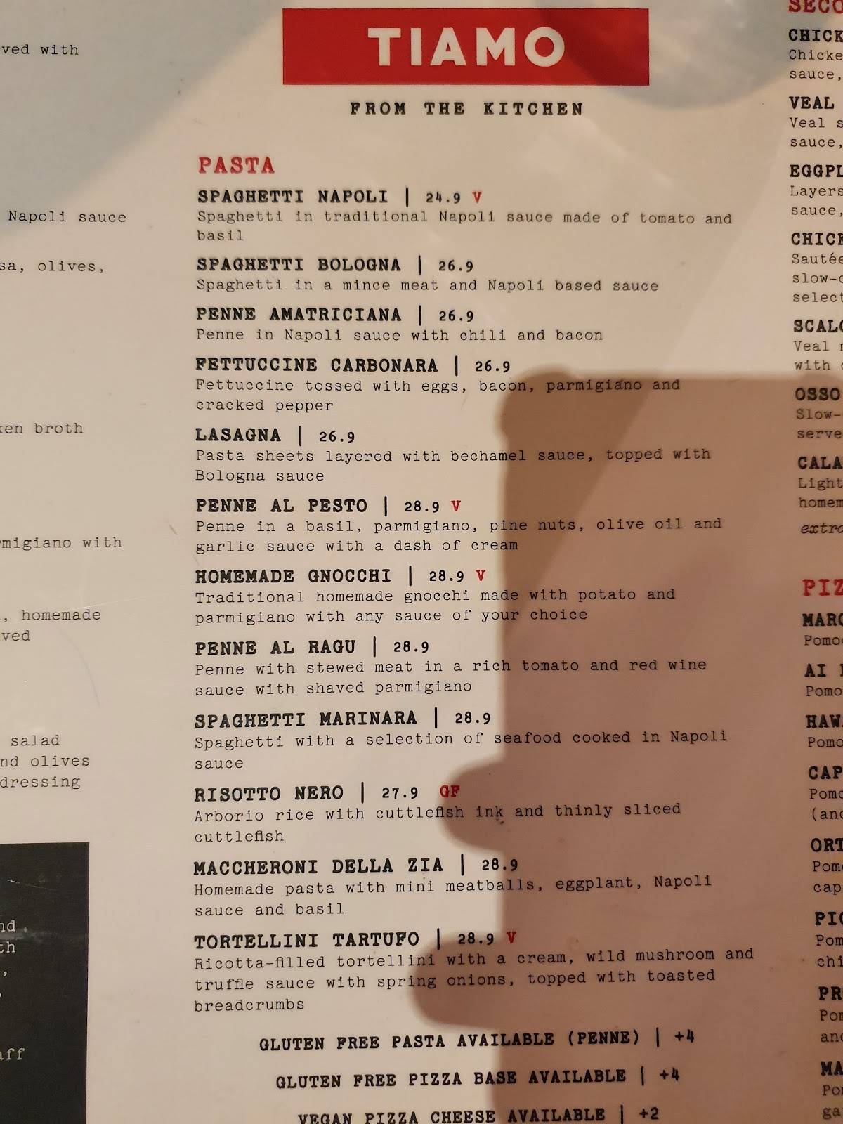 Menu at Tiamo restaurant, Carlton