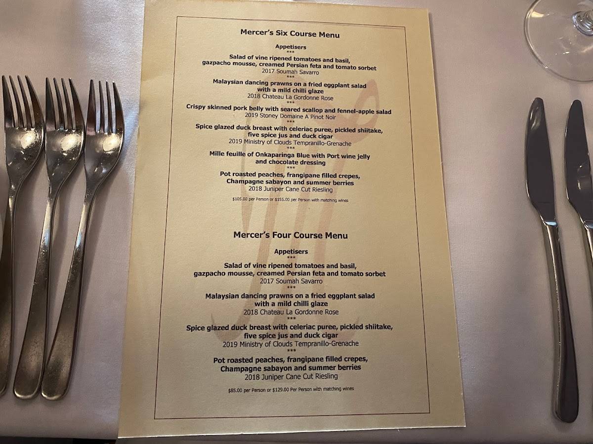 Menu at Mercer's restaurant, Eltham