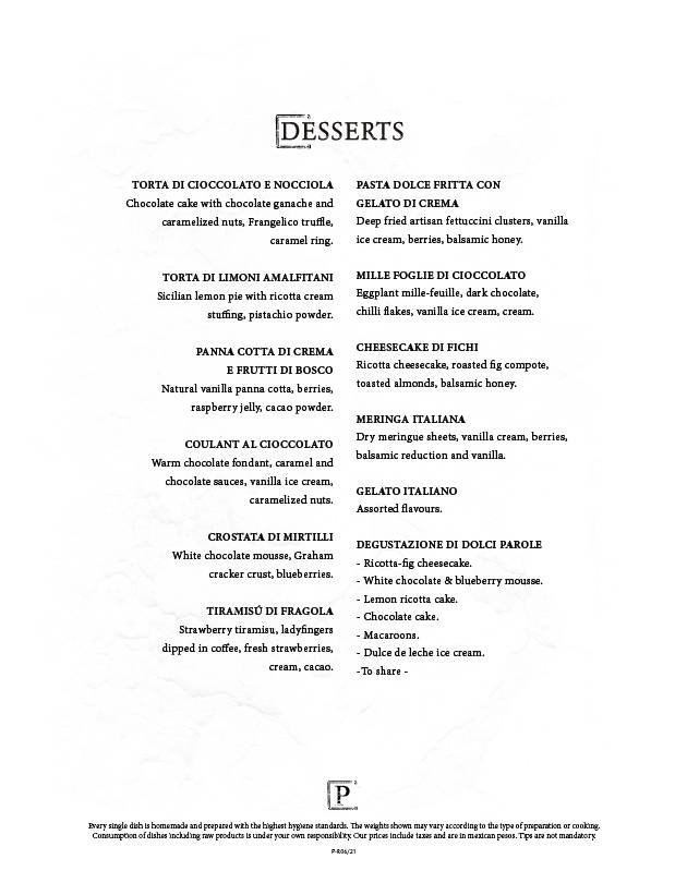 Carta de Parole Restaurante Italiano en Polanco, Ciudad López Mateos