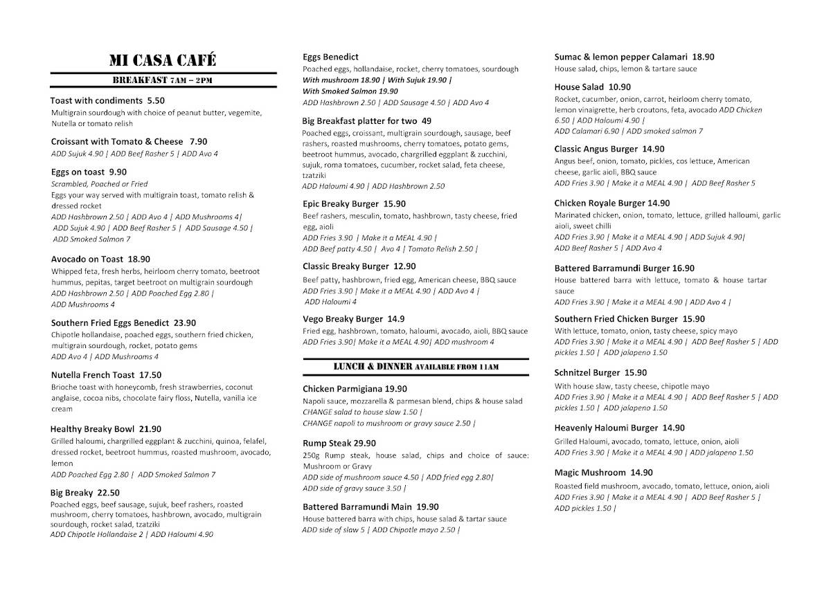Menu at Mi Casa Café cafe, Underwood
