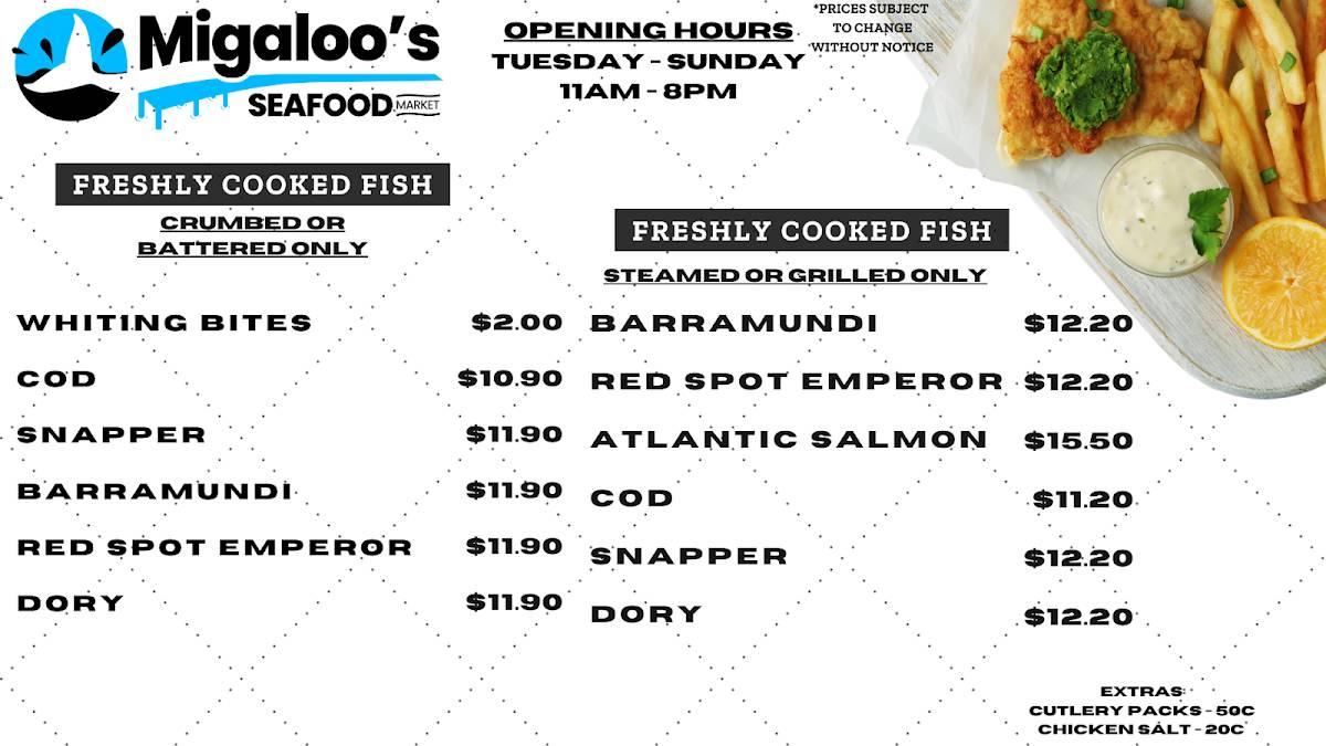 Menu at Migaloos Seafood & Ice Creamery fast food, Urangan