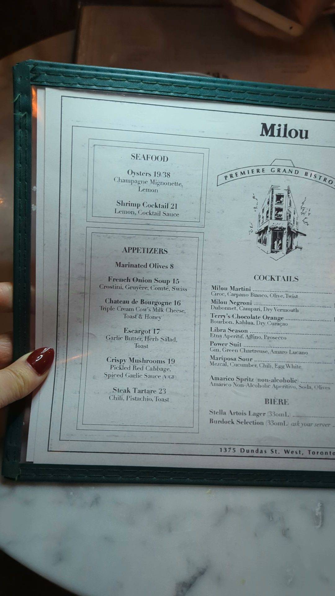 Menu at Milou cafe, Toronto