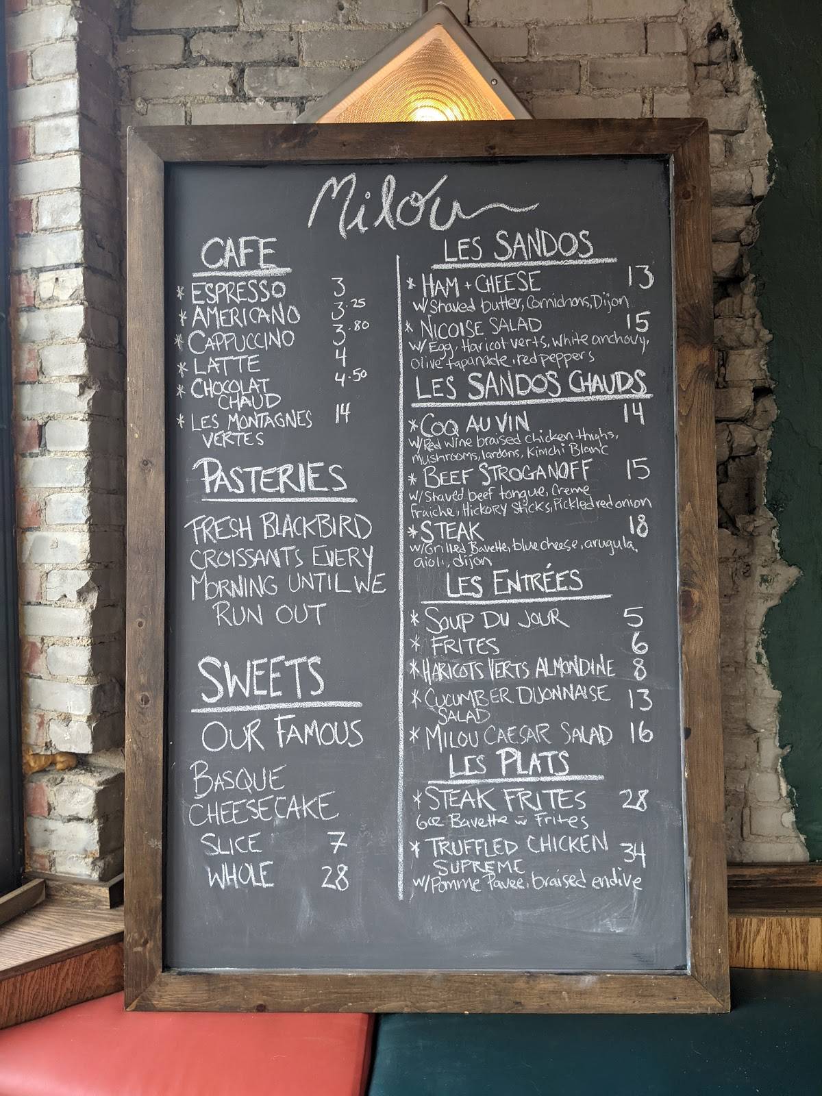 Menu at Milou cafe, Toronto