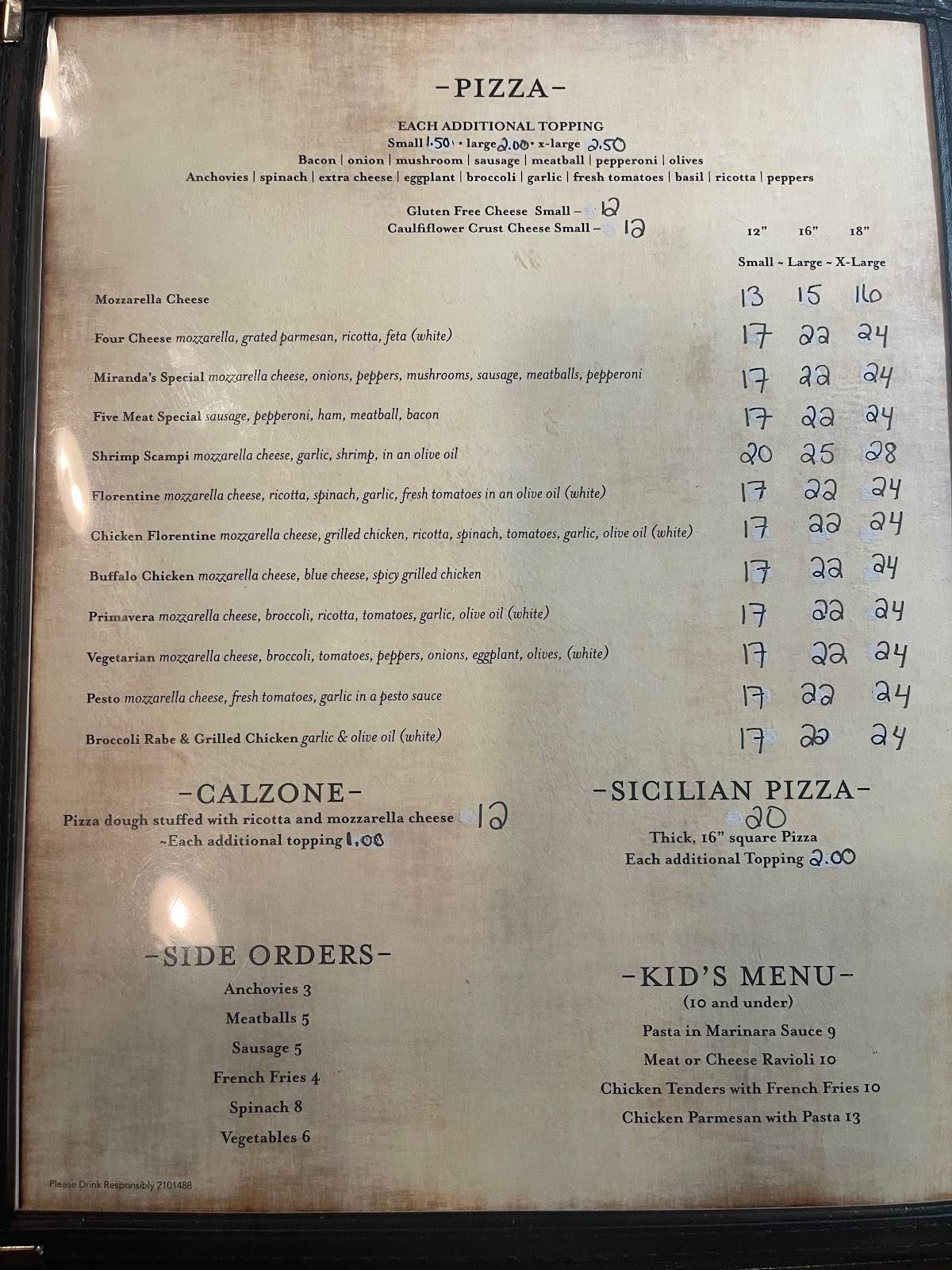 Menu at Miranda's Pizza & Restaurant, Southbury