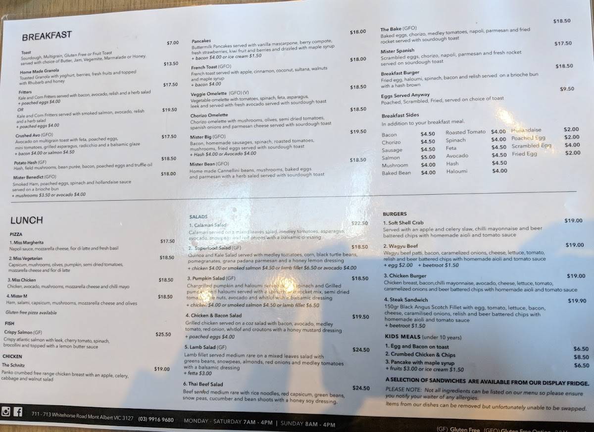 Menu at Mister and Miss cafe, Mont Albert