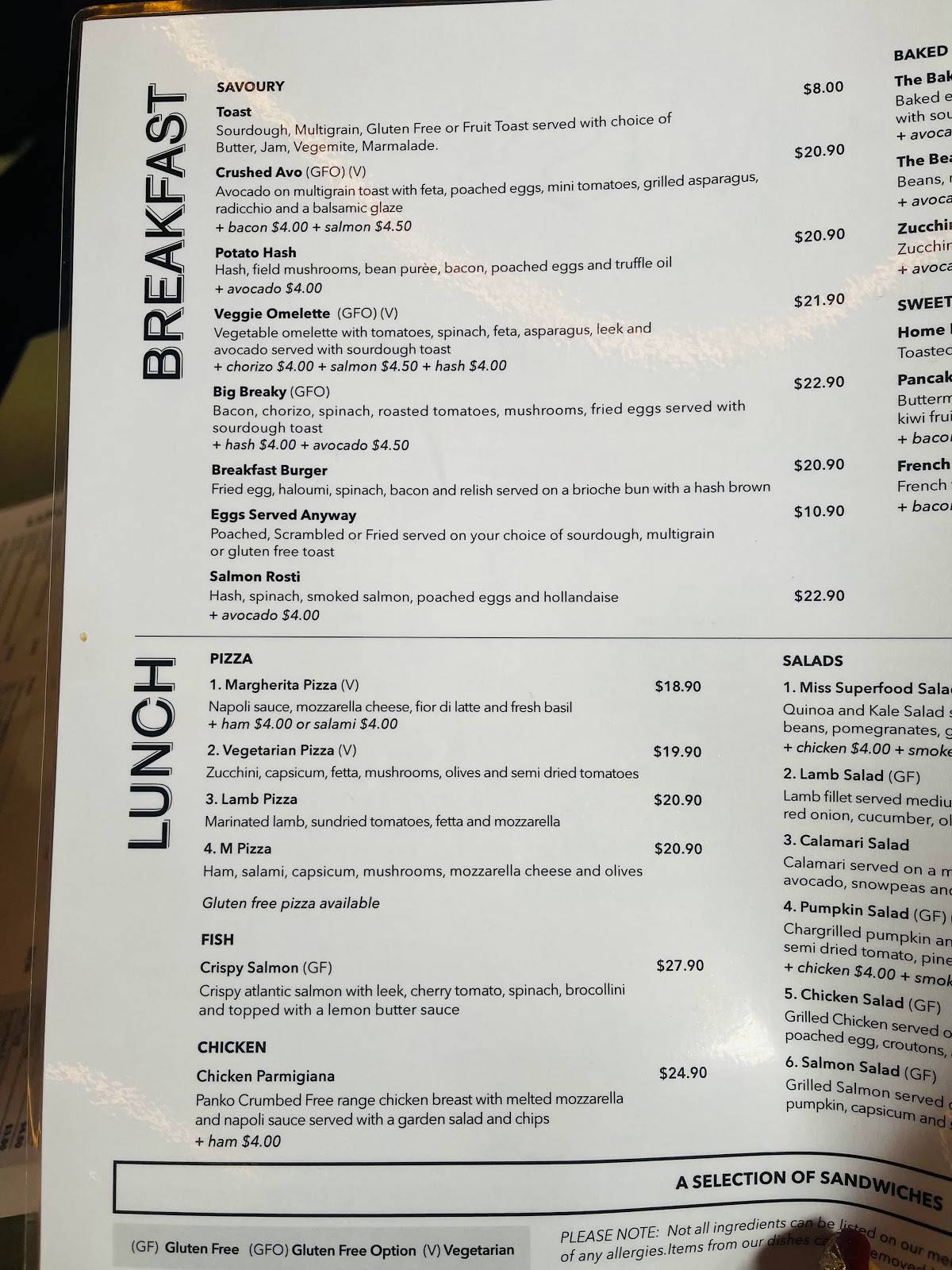 Menu at Mister and Miss cafe, Mont Albert