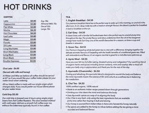 Menu at Mister and Miss cafe, Mont Albert