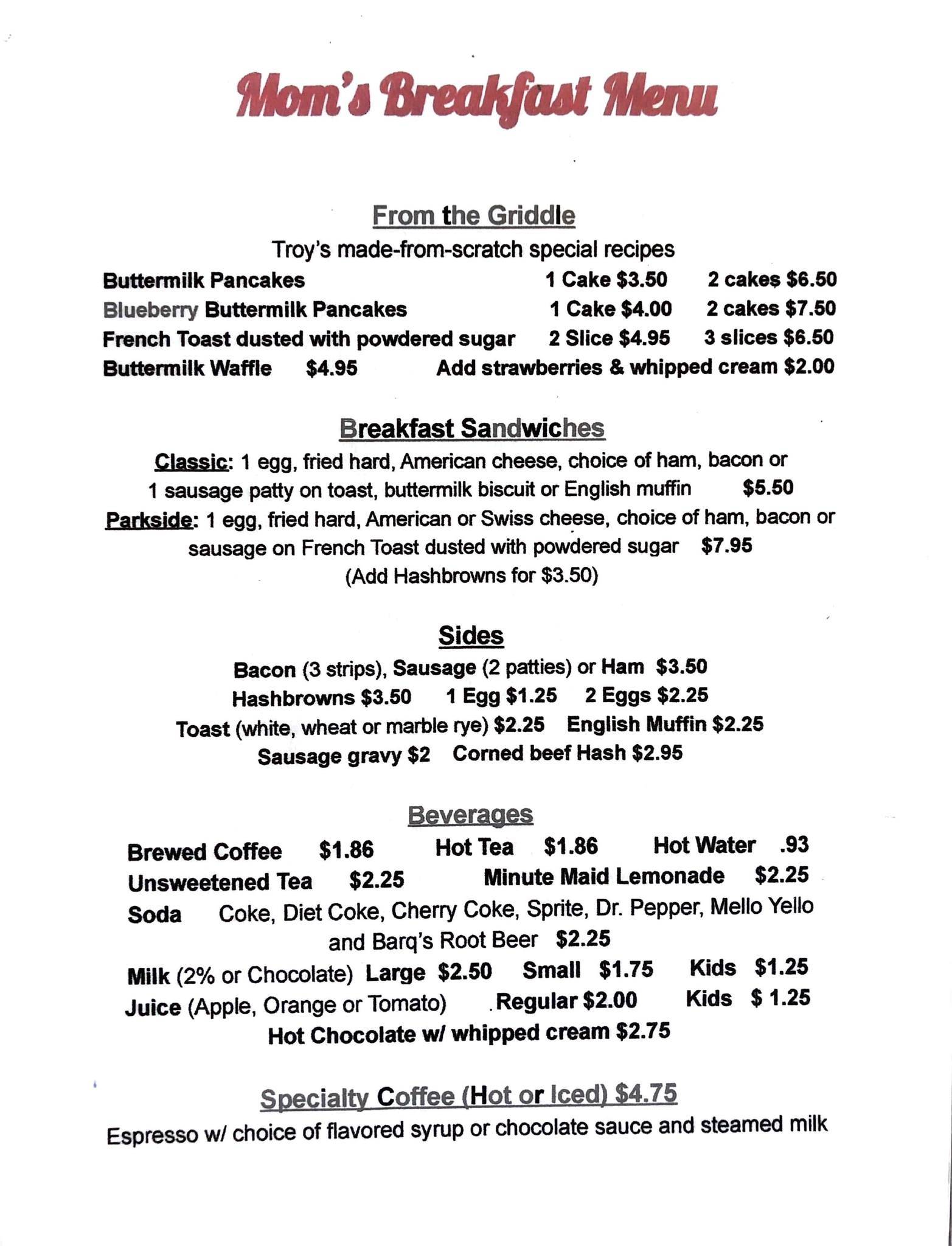 Menu at Mom's Parkside Cafe, Pine City