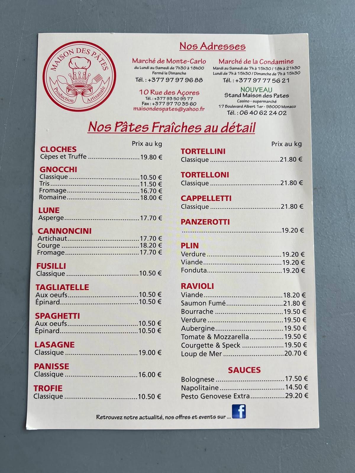 Menu au Maison des Pâtes Monaco restaurant, Monaco, 1 Place D'Armes