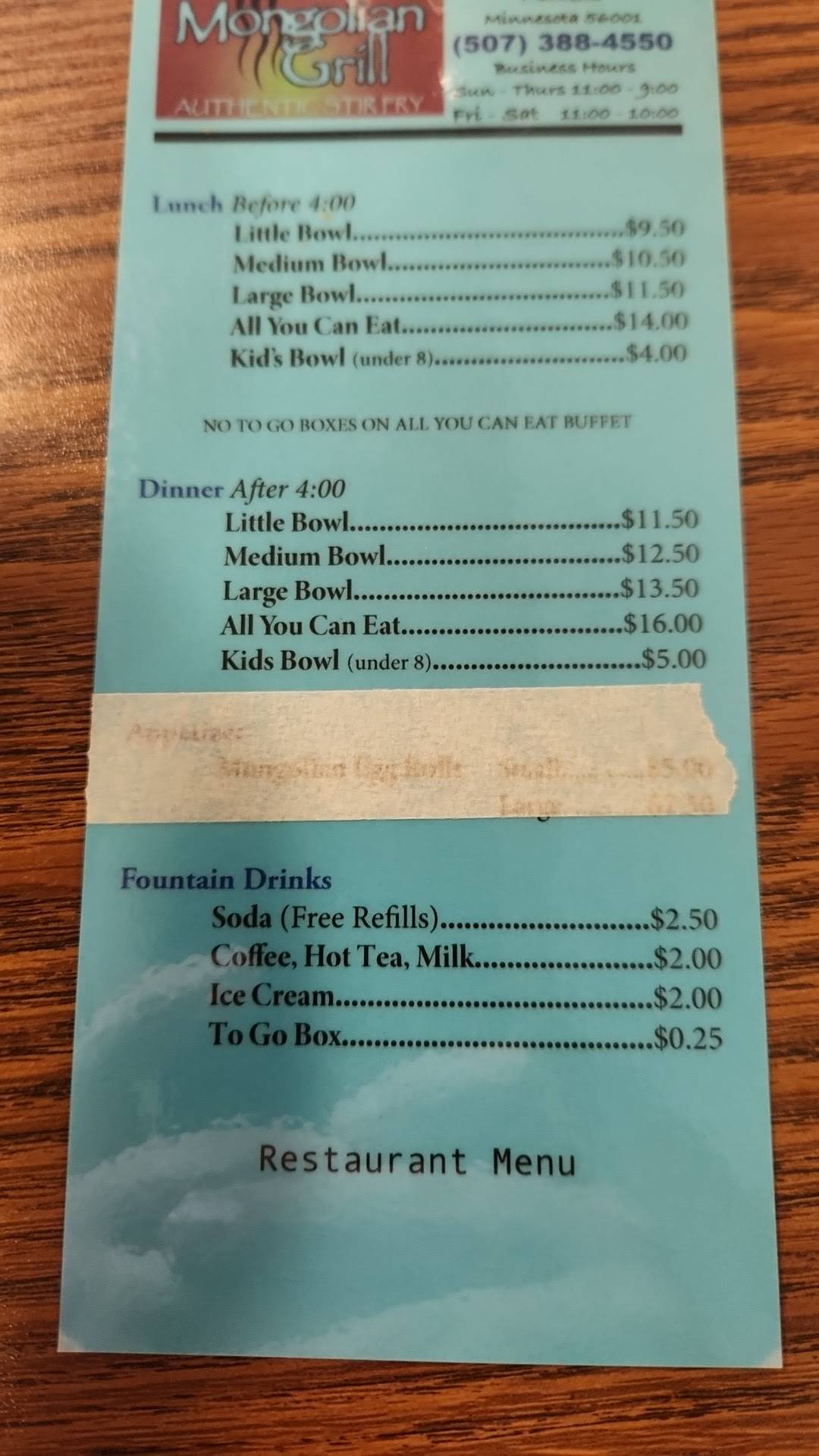Menu at Mongolian Grill restaurant, Mankato