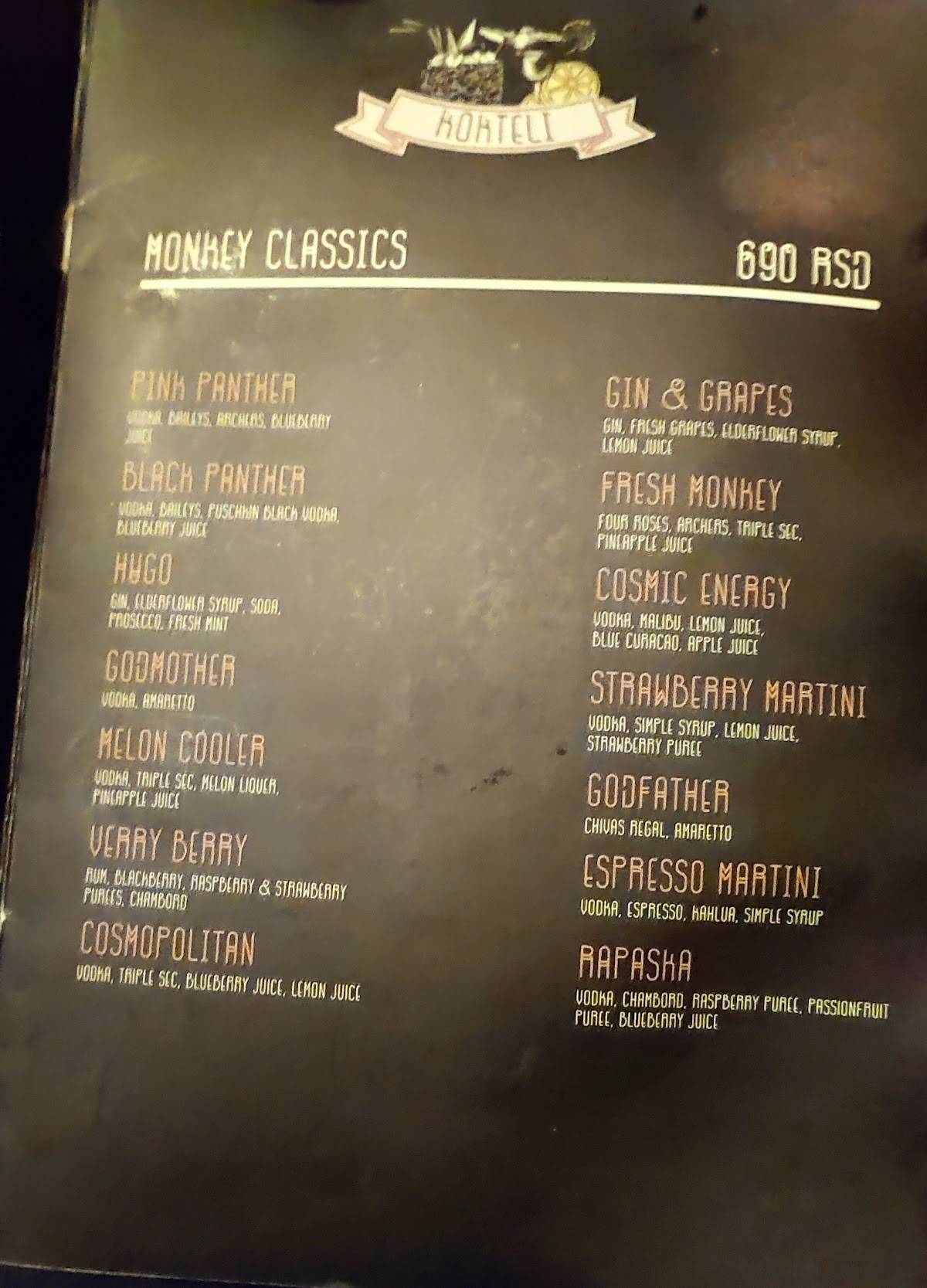 Menu at Monkey Bar Belgrade, Belgrade