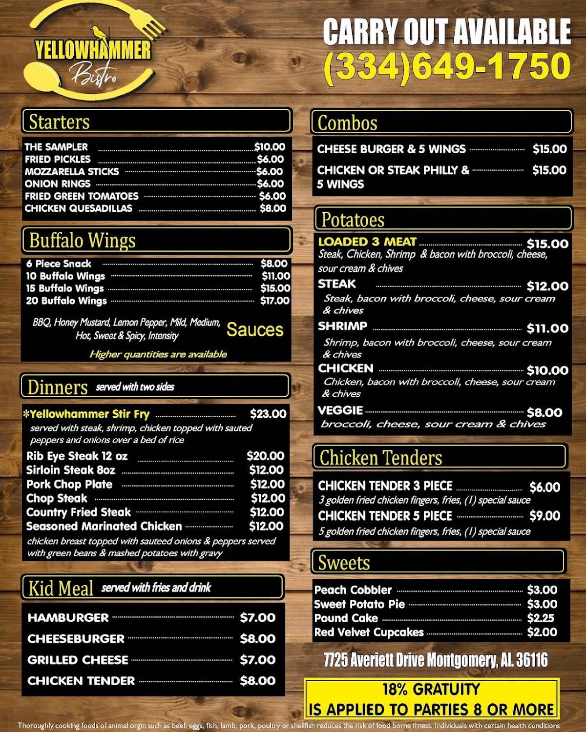 Menu at Yellowhammer Bistro, LLC restaurant, Montgomery, Averiett Dr