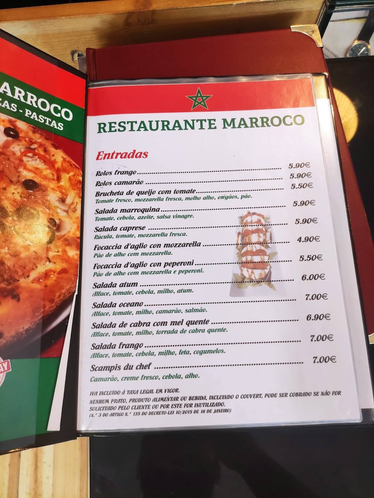 Menu at Moroccan Restaurant, Porto