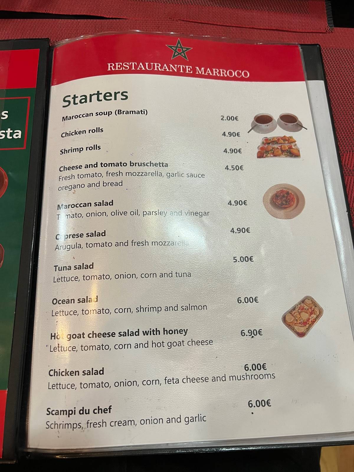 Menu at Moroccan Restaurant, Porto