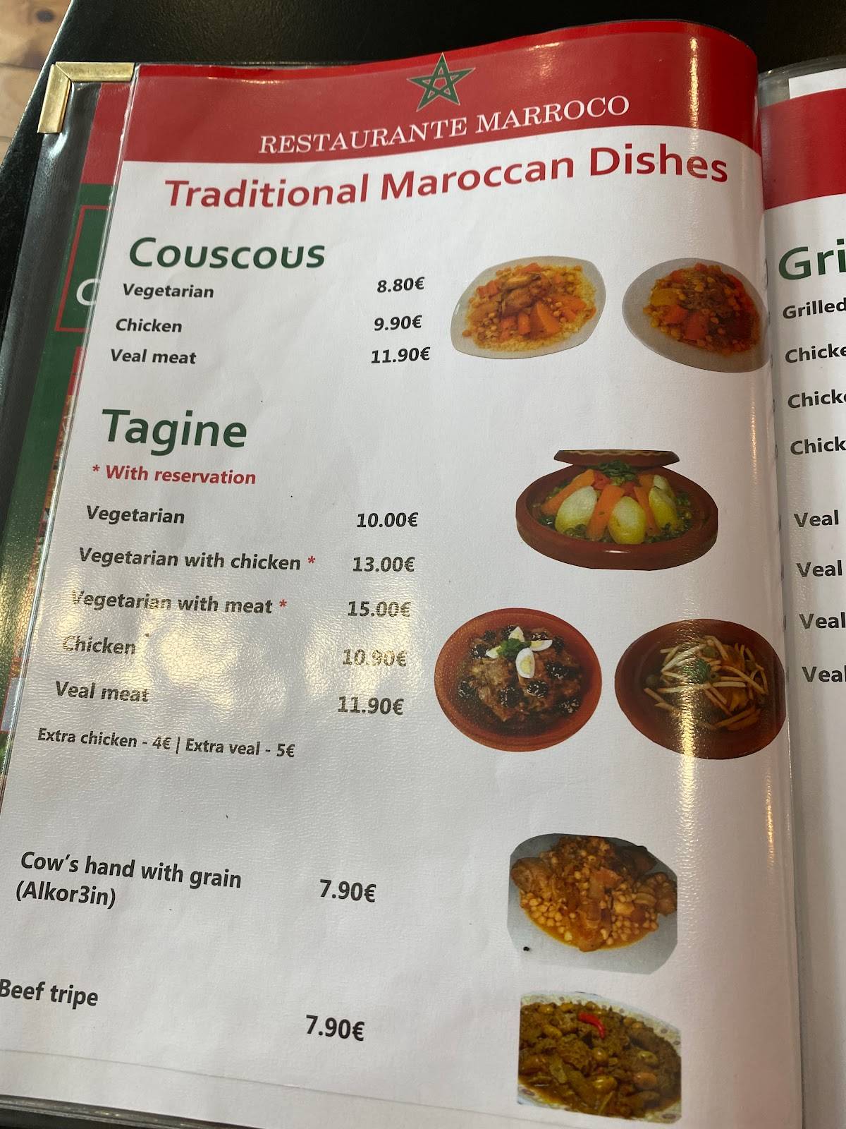Menu at Moroccan Restaurant, Porto
