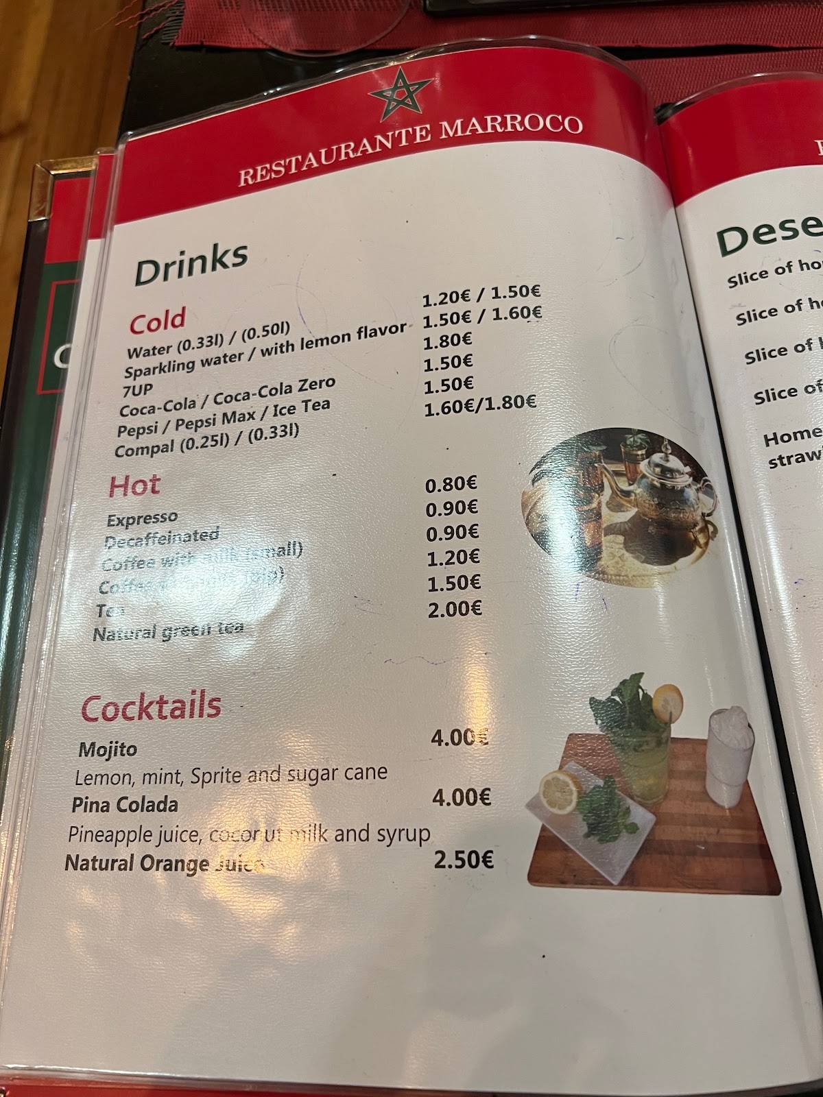 Menu at Moroccan Restaurant, Porto