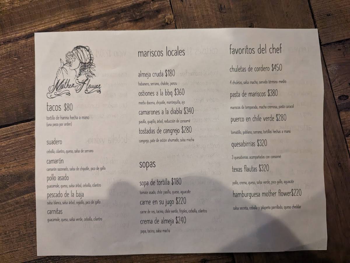 Menu at Mother Flower restaurant, Cabo San Lucas