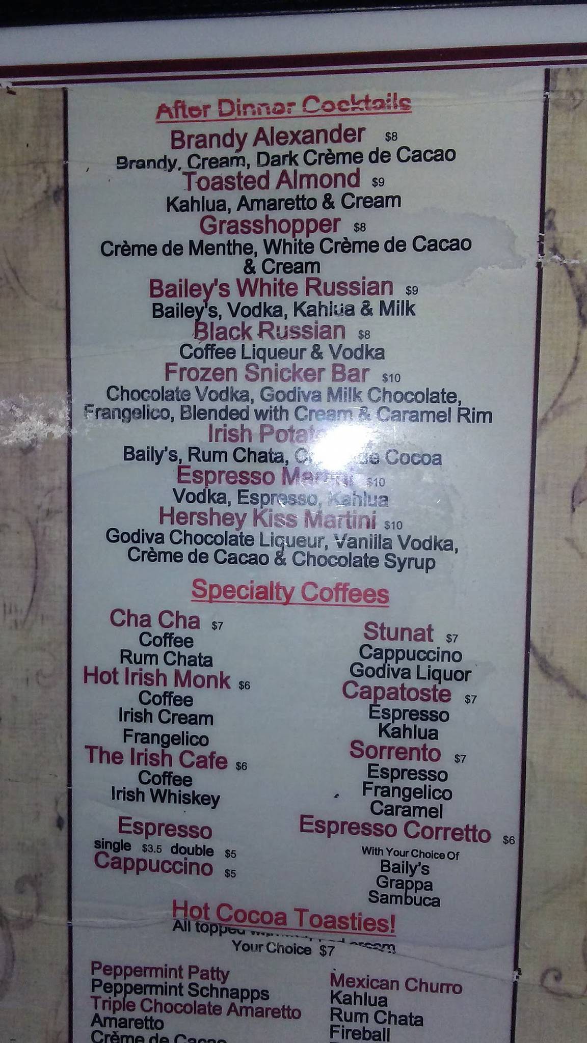 Menu at Carlucci's Waterfront steakhouse, Mount Laurel, 876 Centerton Rd