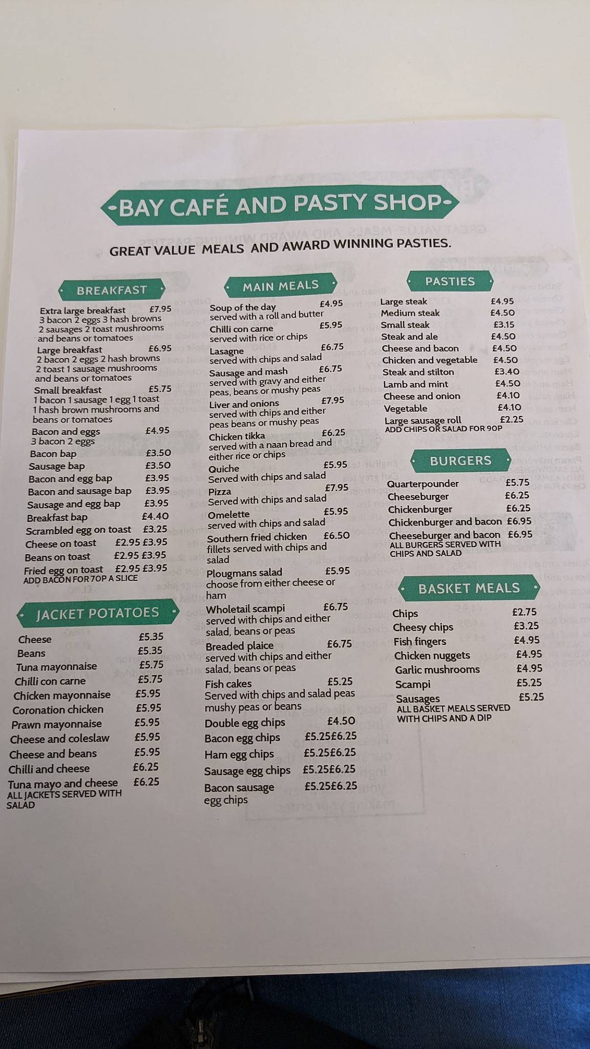 Menu at Mounts Bay Pasty Company cafe, Penzance