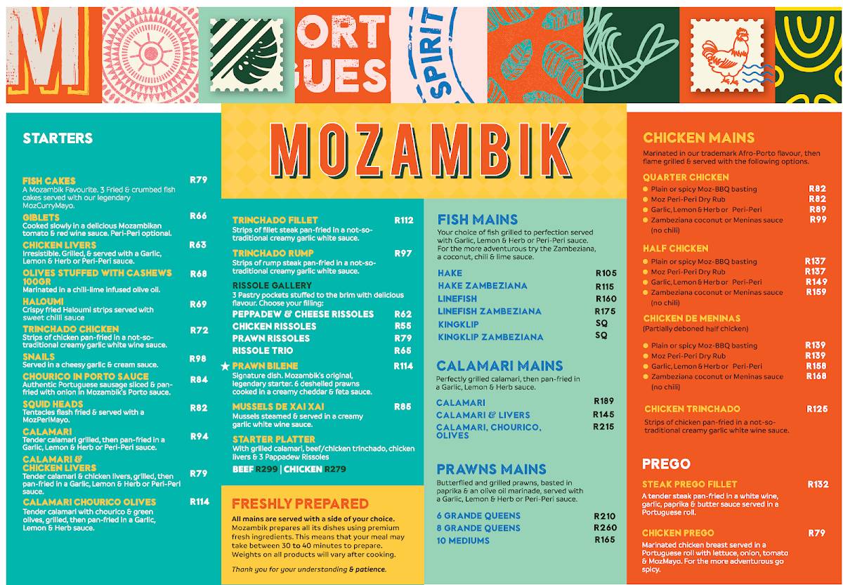 Menu at Mozambik Morningside restaurant, Berea, 362 Lilian Ngoyi Rd