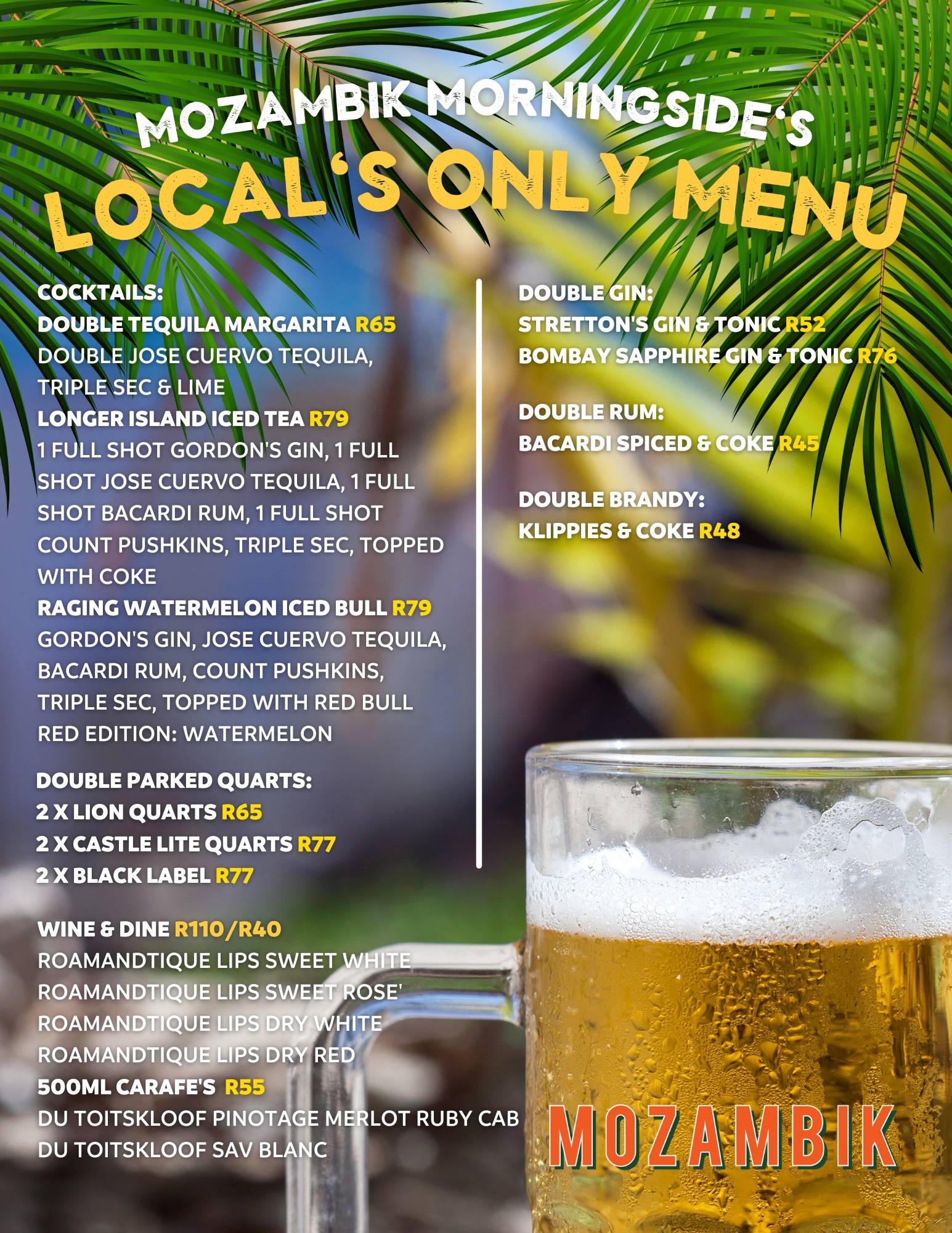 Menu at Mozambik Morningside restaurant, Berea, 362 Lilian Ngoyi Rd
